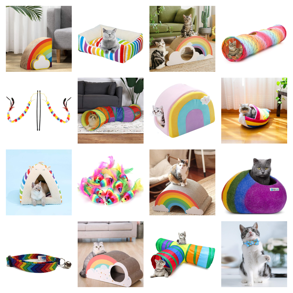 Colorful Rainbow Cat Toys, Caves, Beds, Collars, Tunnels, Scratchers ...
